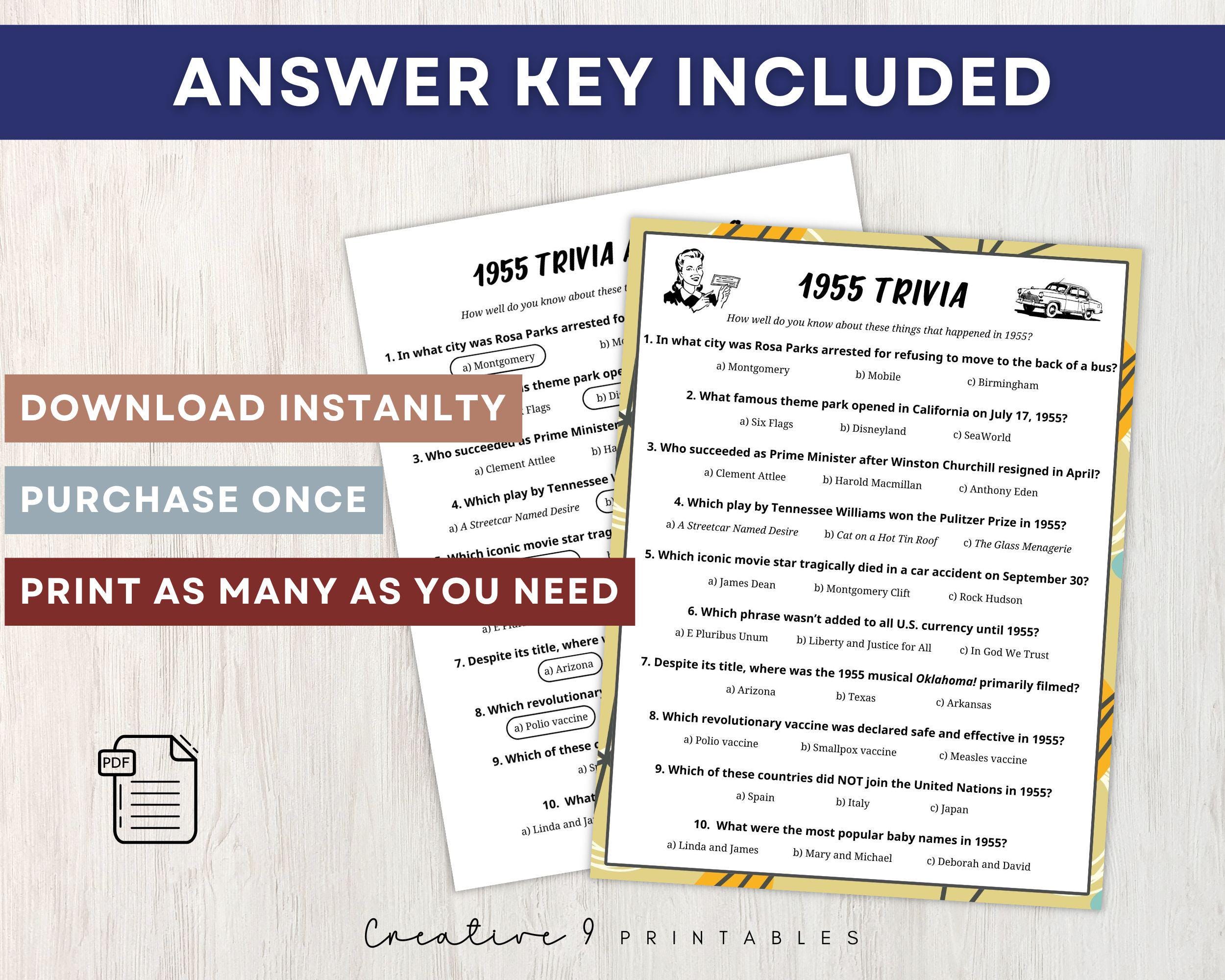 1955 Trivia With Answers, Printable 70th Birthday Game, 10 Fun Quiz ...
