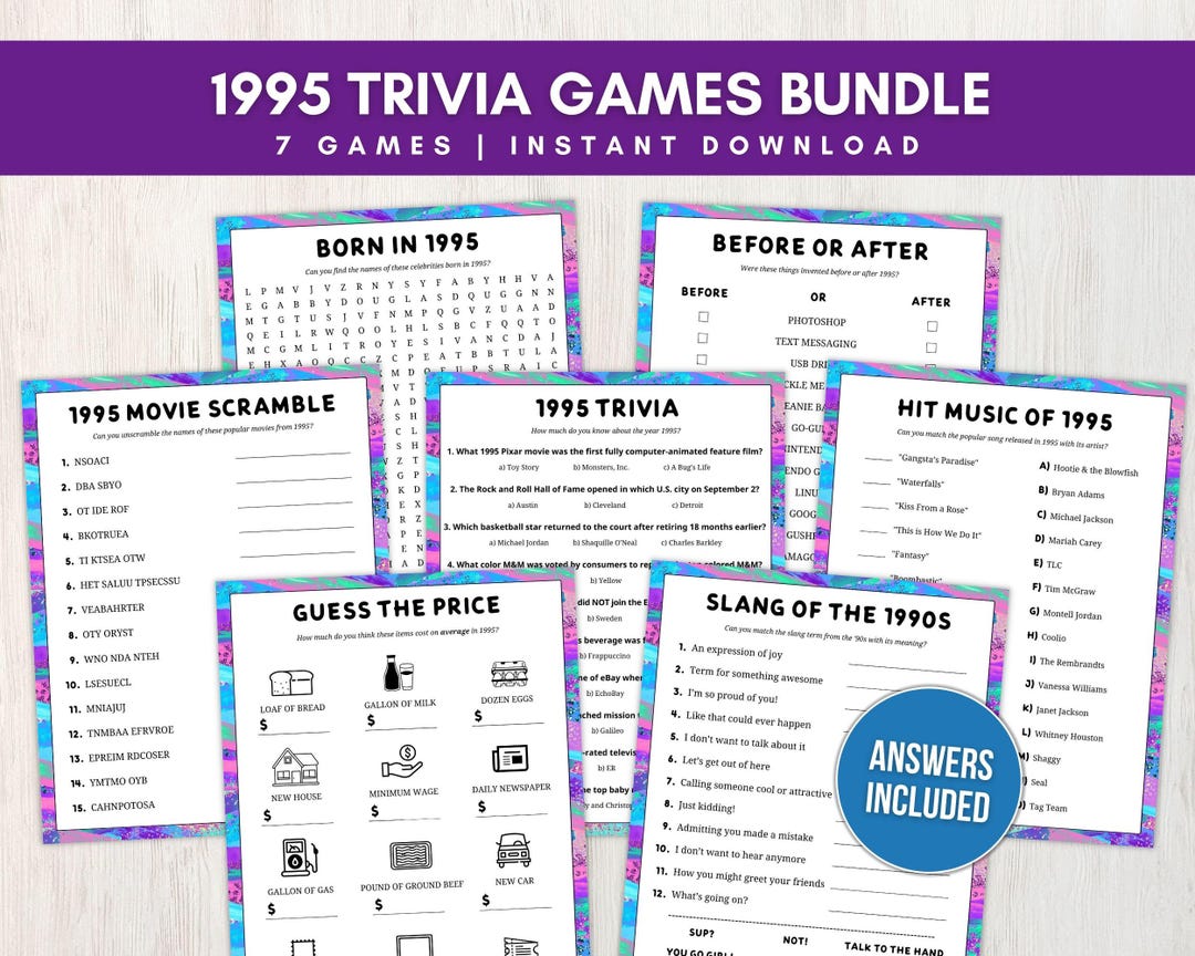 1995 Trivia Bundle for Adults and Kids, Fun Printable 30th Party Games ...