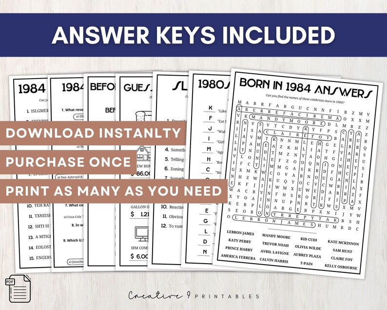 1984 Trivia Game Bundle for Adults, Seven Fun Printable 42nd Party ...