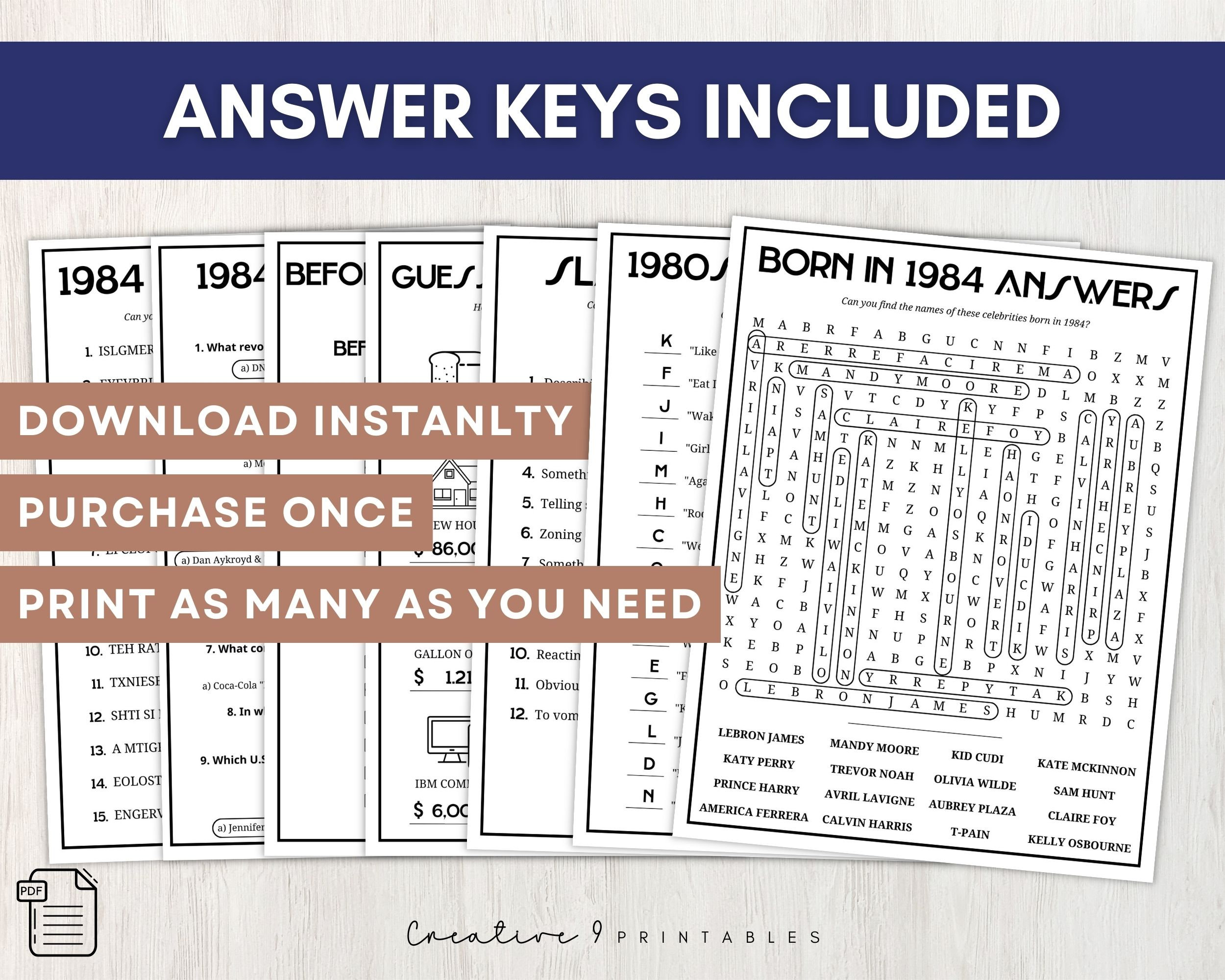 1984 Trivia Game Bundle for Adults, Seven Fun Printable 41st Party ...