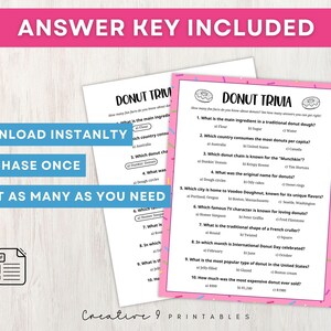Donut Trivia Printable Game for Kids and Adults, 10 Doughnut Questions ...