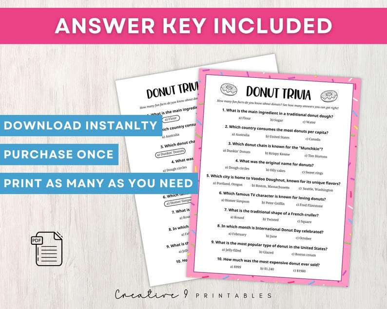 Donut Trivia Printable Game for Kids and Adults, 10 Doughnut Questions ...
