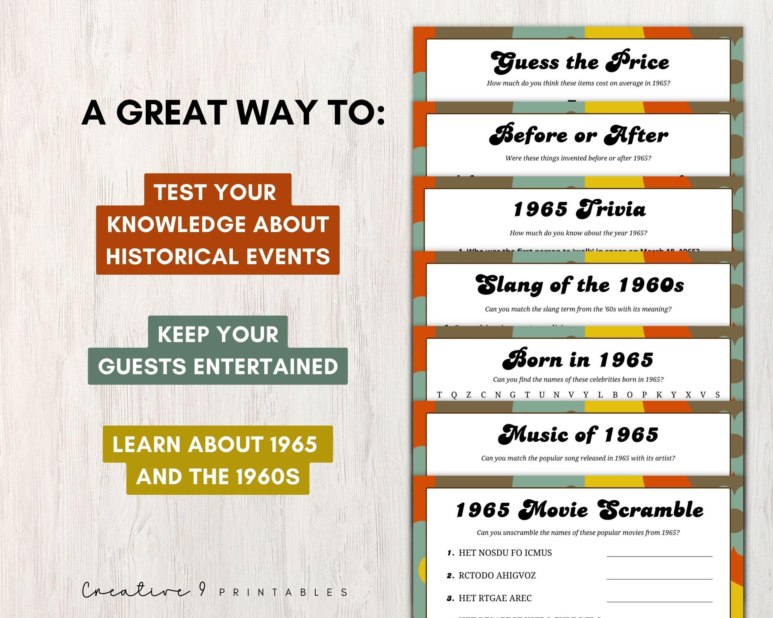 1965 Trivia Game Bundle for Adults, 61st Birthday or Anniversary Ideas ...