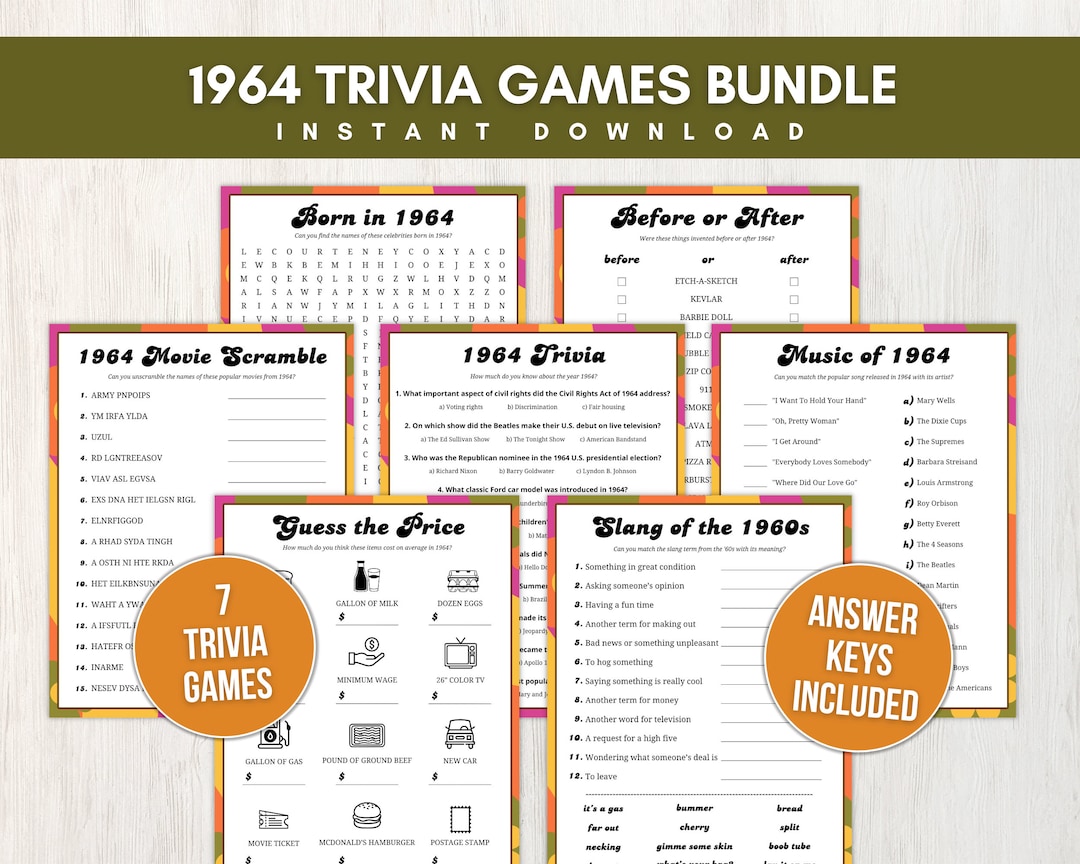 1964 Trivia Game Bundle for Adults, Seven Fun Printable 62nd Party ...