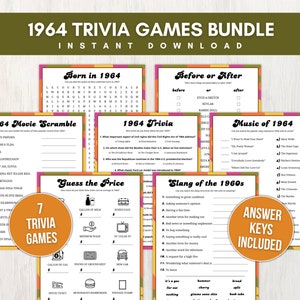 1964 Trivia Game Bundle for Adults, Seven Fun Printable 61st Party ...