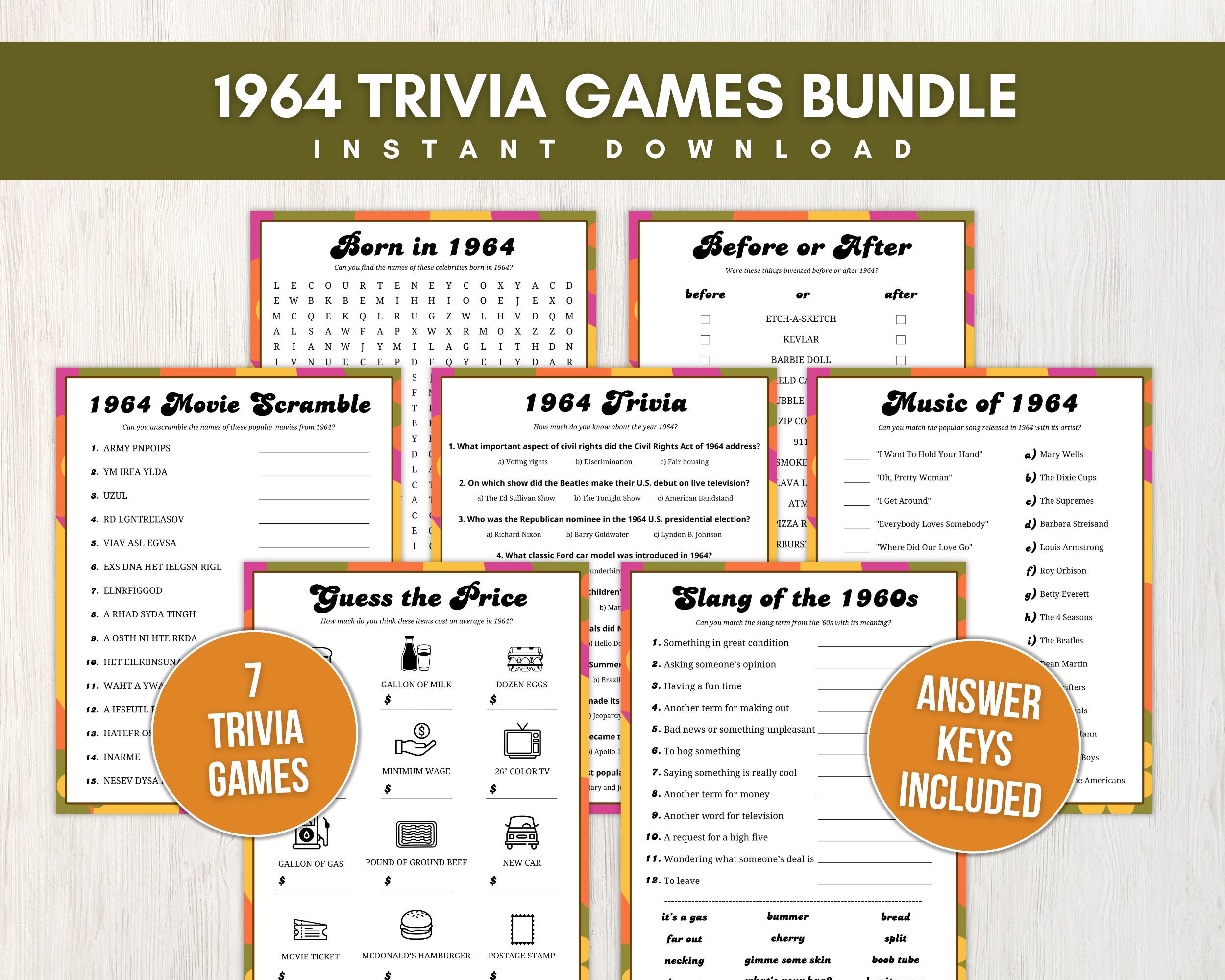 1964 Trivia Game Bundle for Adults, Seven Fun Printable 61st Party ...