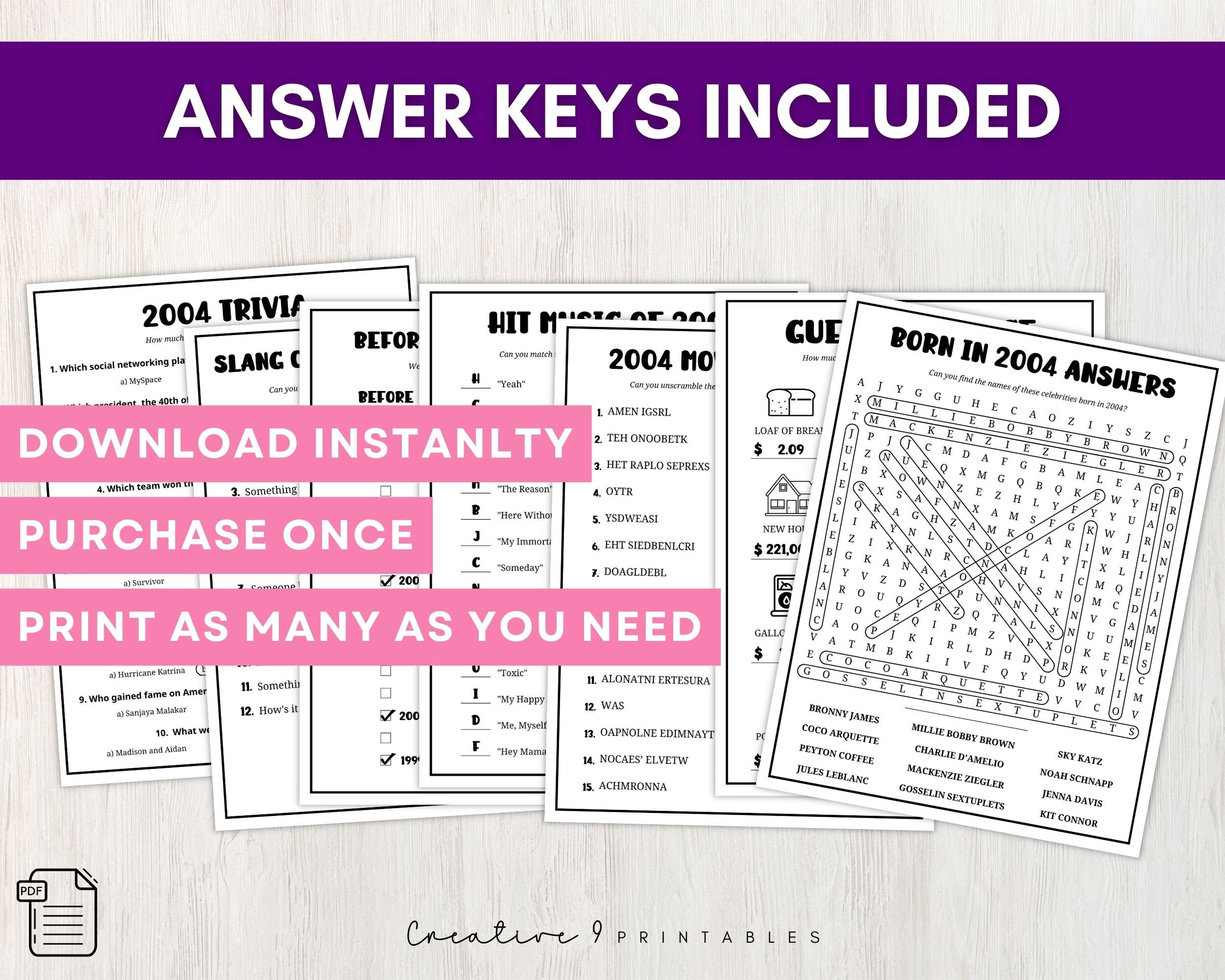 2004 Trivia Bundle for Adults and Kids, 7 Fun Printable 21st Party ...