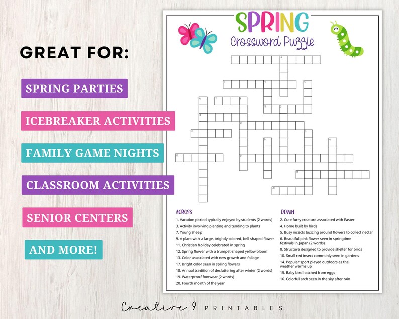 Spring Crossword Puzzle for Kids and Adults, Fun Printable Springtime ...