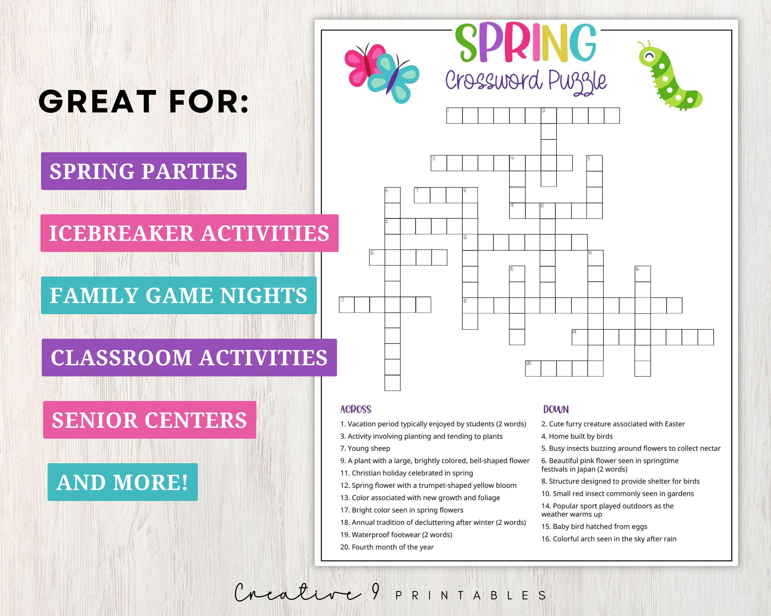 Spring Crossword Puzzle for Kids and Adults, Fun Printable Springtime ...
