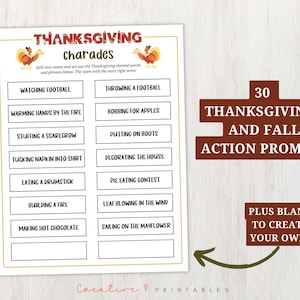 Printable Thanksgiving Charades Game for Kids, 30 Prompts With ...