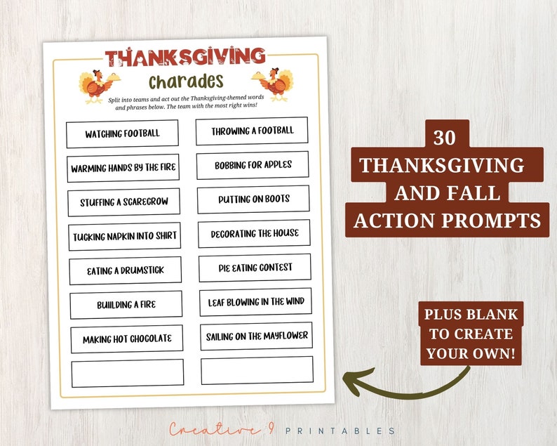 Printable Thanksgiving Charades Game for Kids, 30 Prompts With ...