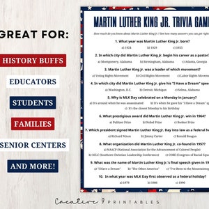 Printable Martin Luther King Trivia Game for Kids and Adults, 10 MLK ...