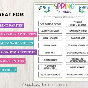 Spring Charades Printable Party Game for Kids, 30 Prompts With Spring ...