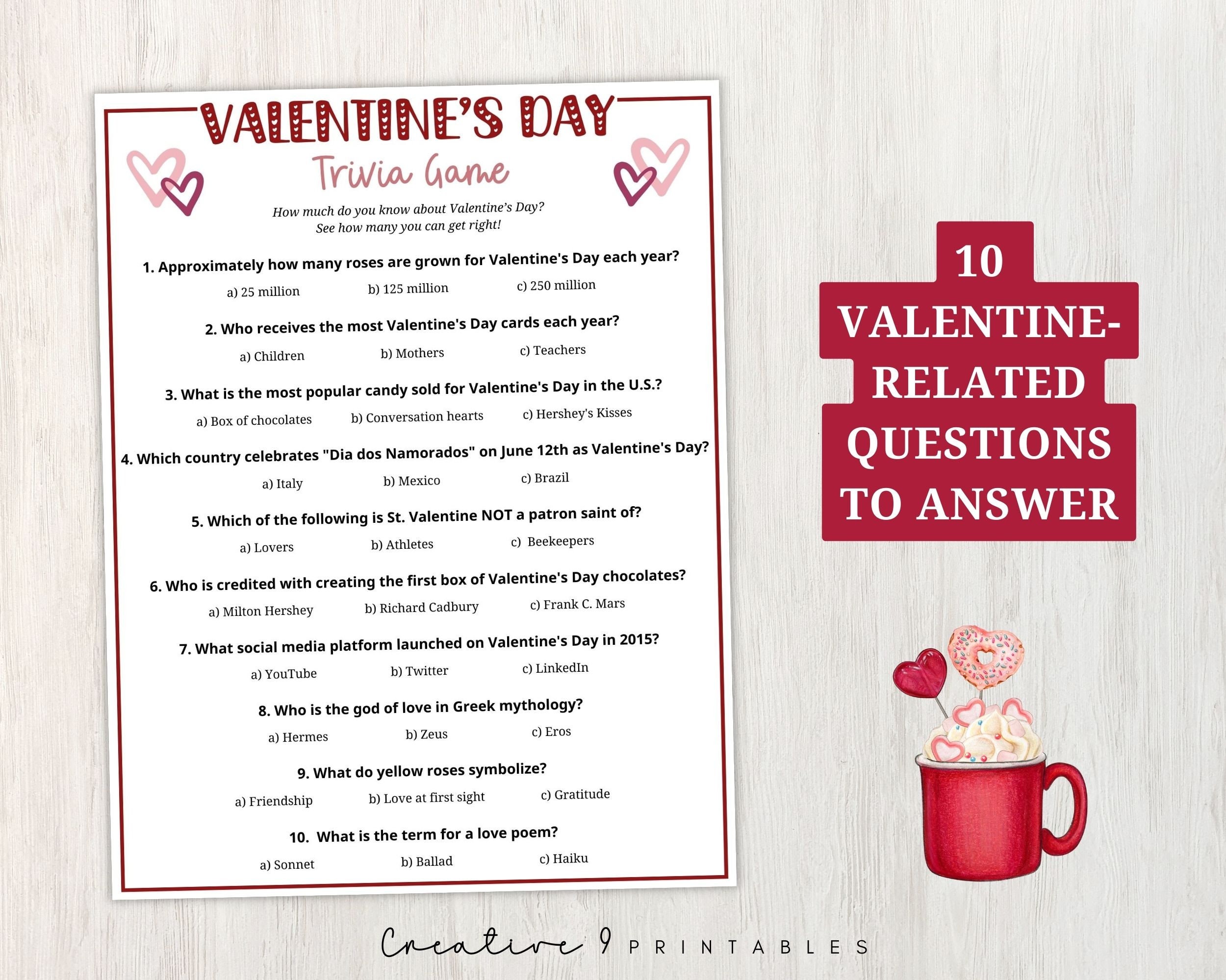 Valentine's Day Trivia Printable Game for Kids and Adults, 10 Fun ...