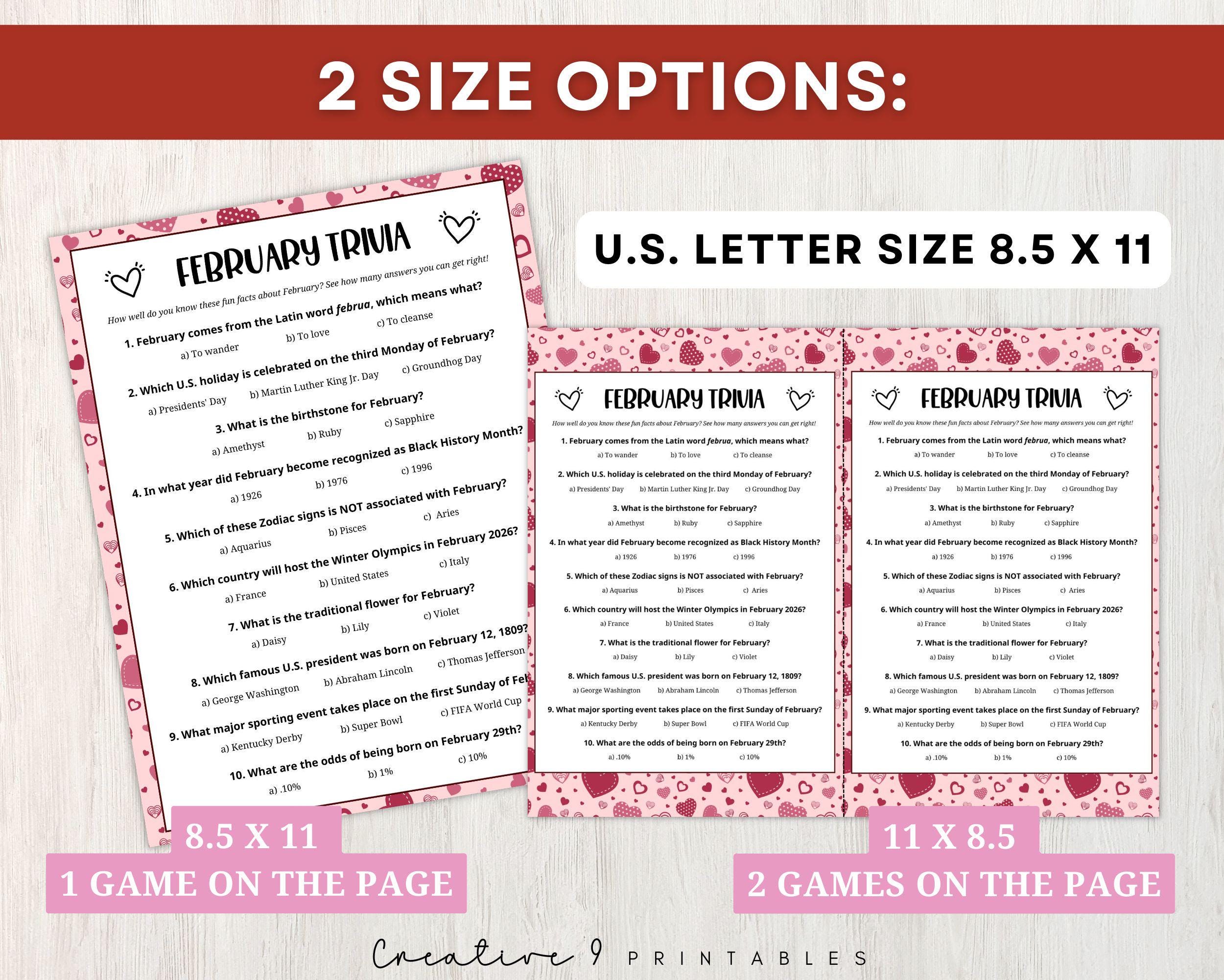 February Trivia Printable Game for Kids and Adults, 10 Fun Facts Quiz ...