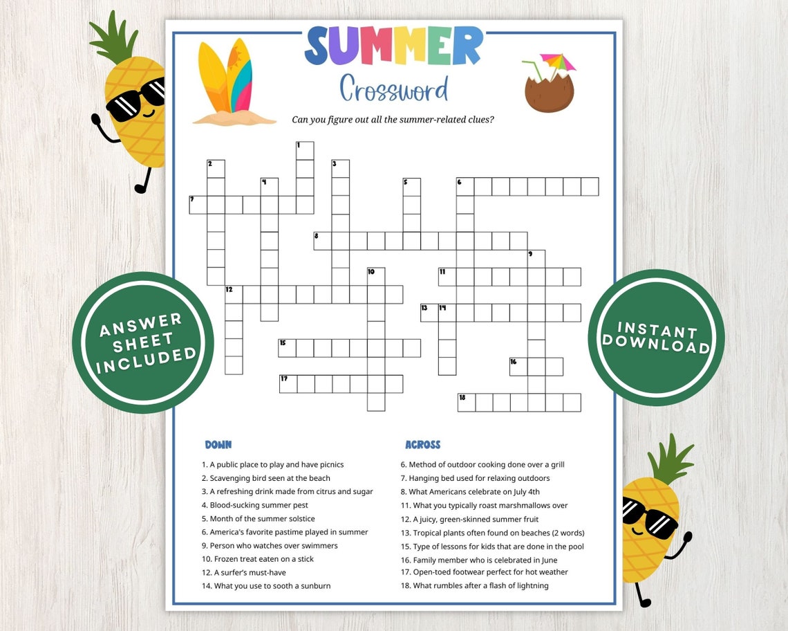 Summer Crossword Puzzle for Kids and Adults, Fun Printable Summertime ...
