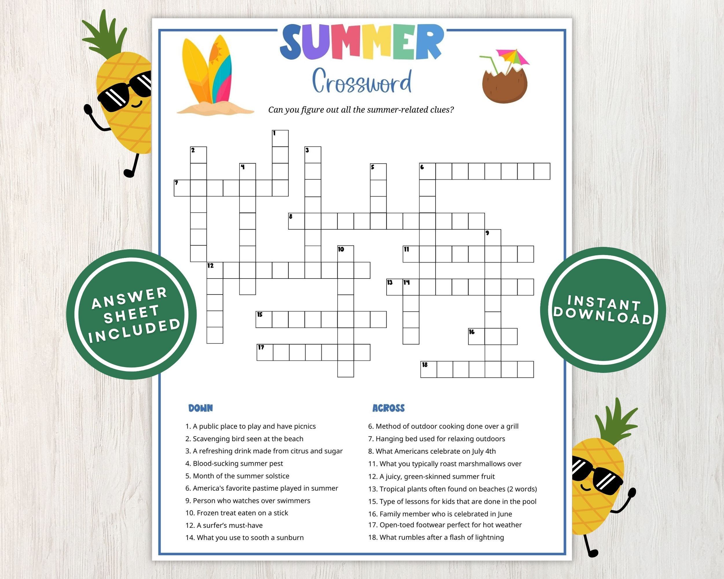 Summer Crossword Puzzle for Kids and Adults, Fun Printable Summertime ...