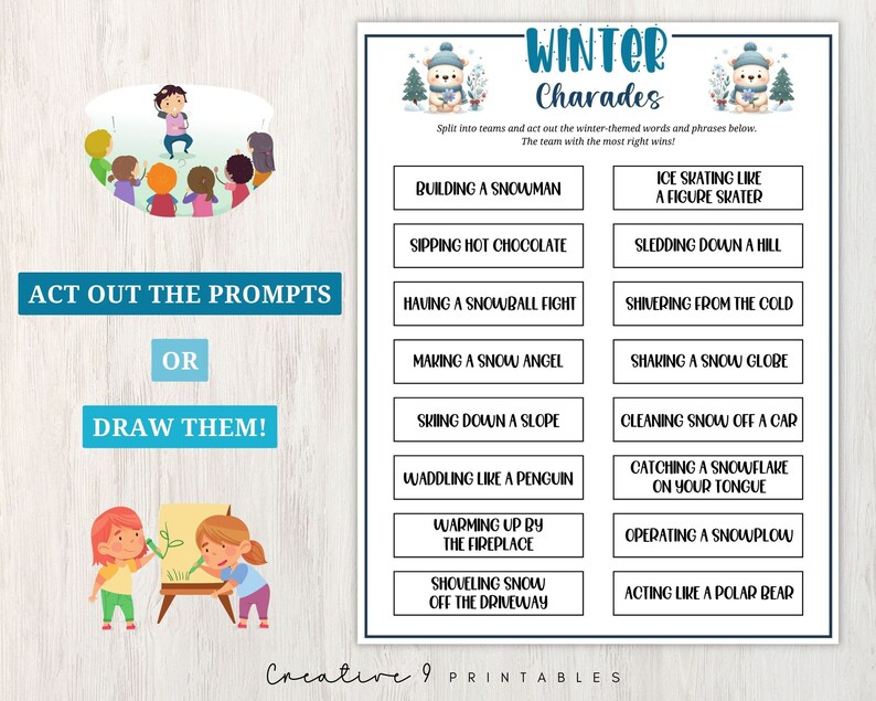 Printable Winter Charades Game for Kids, 30 Prompts With Winter Action ...
