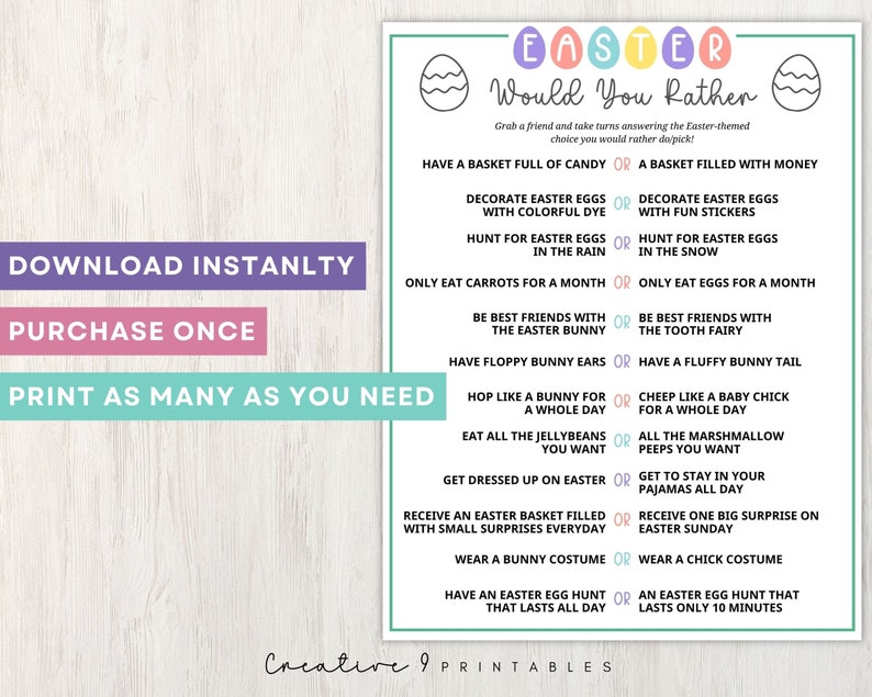 Easter Would You Rather Game for Kids, Printable This or That With ...