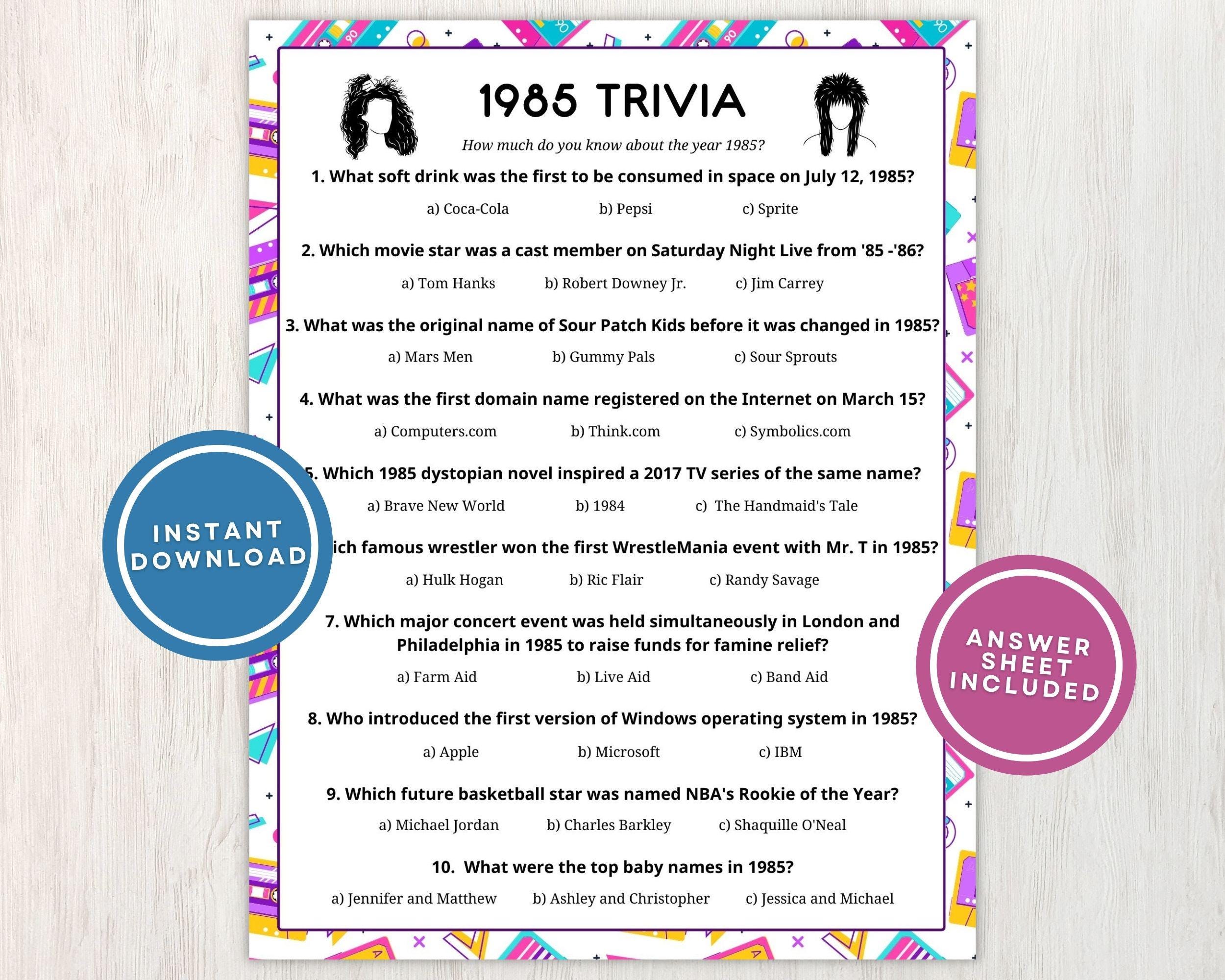 1985 Trivia Party Game Printable for 39th Birthday, Reunion, or ...