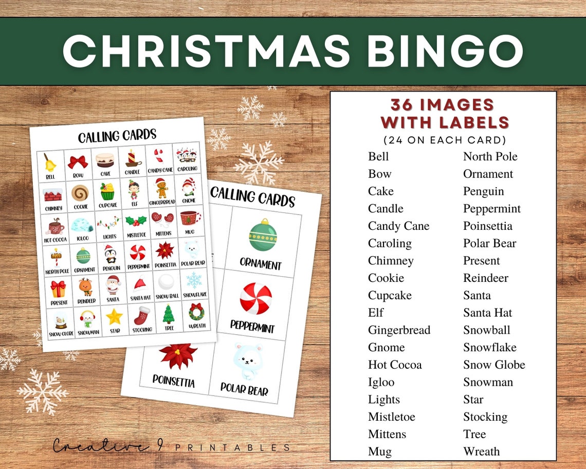 Printable Christmas Bingo Game for Kids and Adults, 50 Printable ...