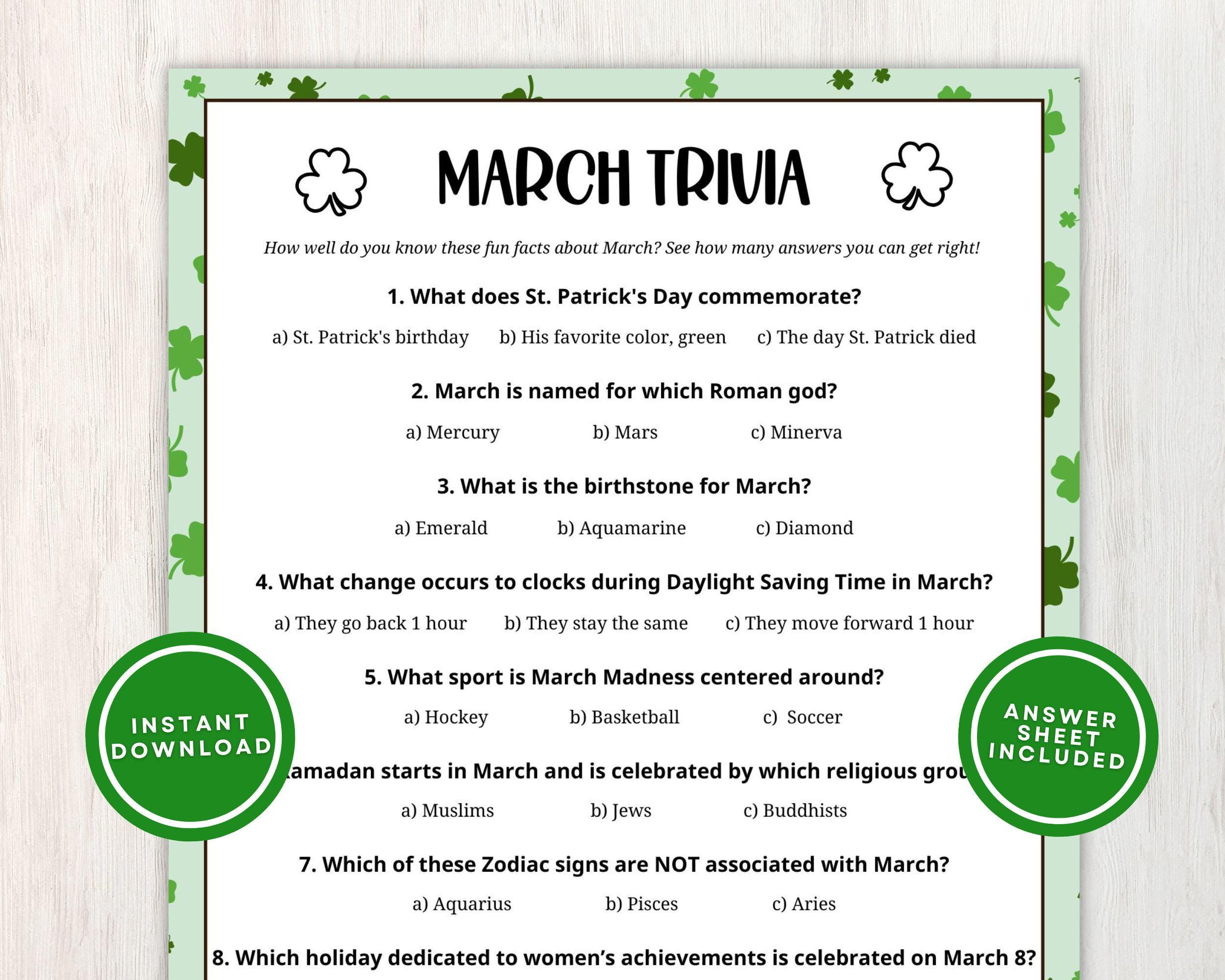 March Trivia Printable Game for Kids and Adults, 10 Fun Facts Quiz ...