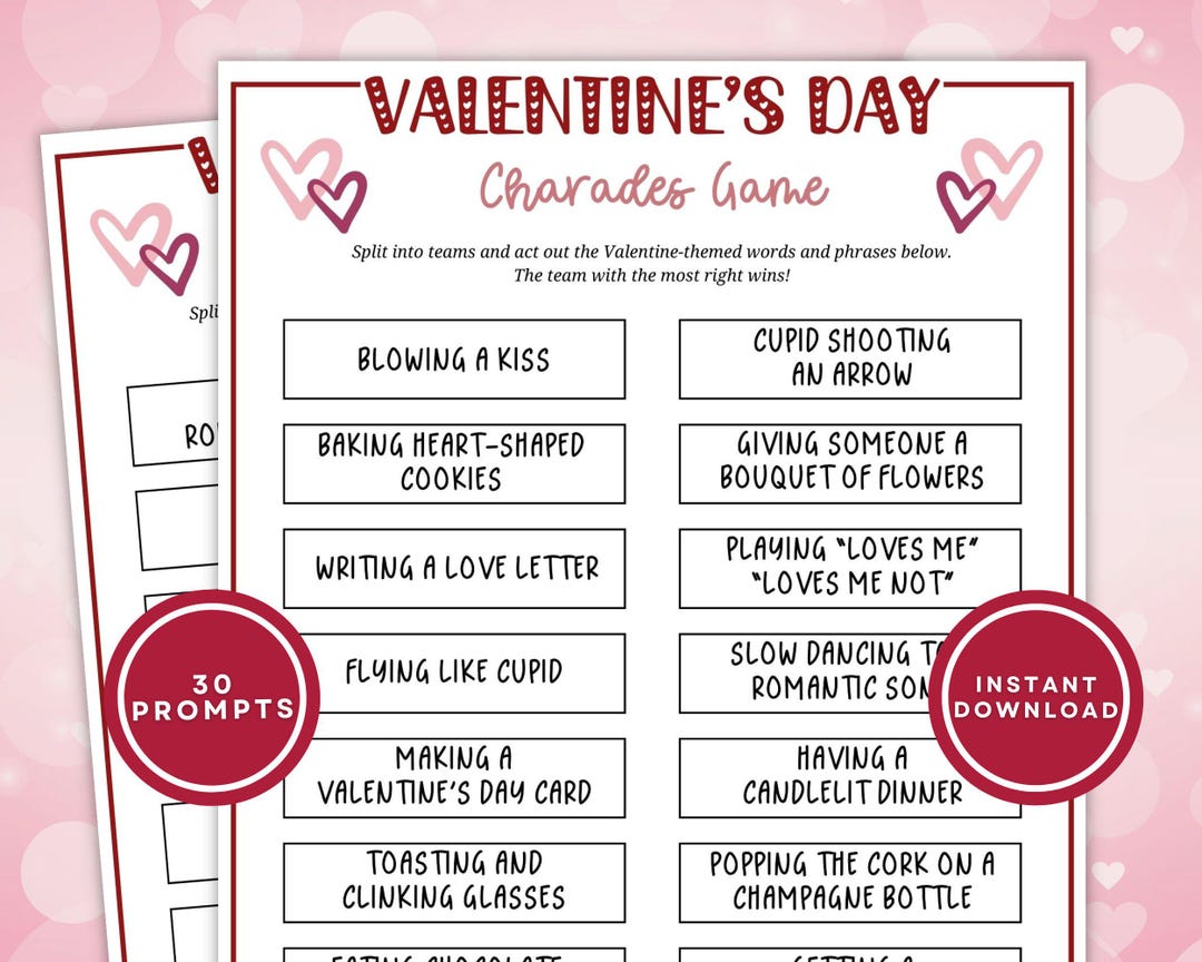 Valentine Charades Printable Game for Kids, 30 Prompts With Valentine ...