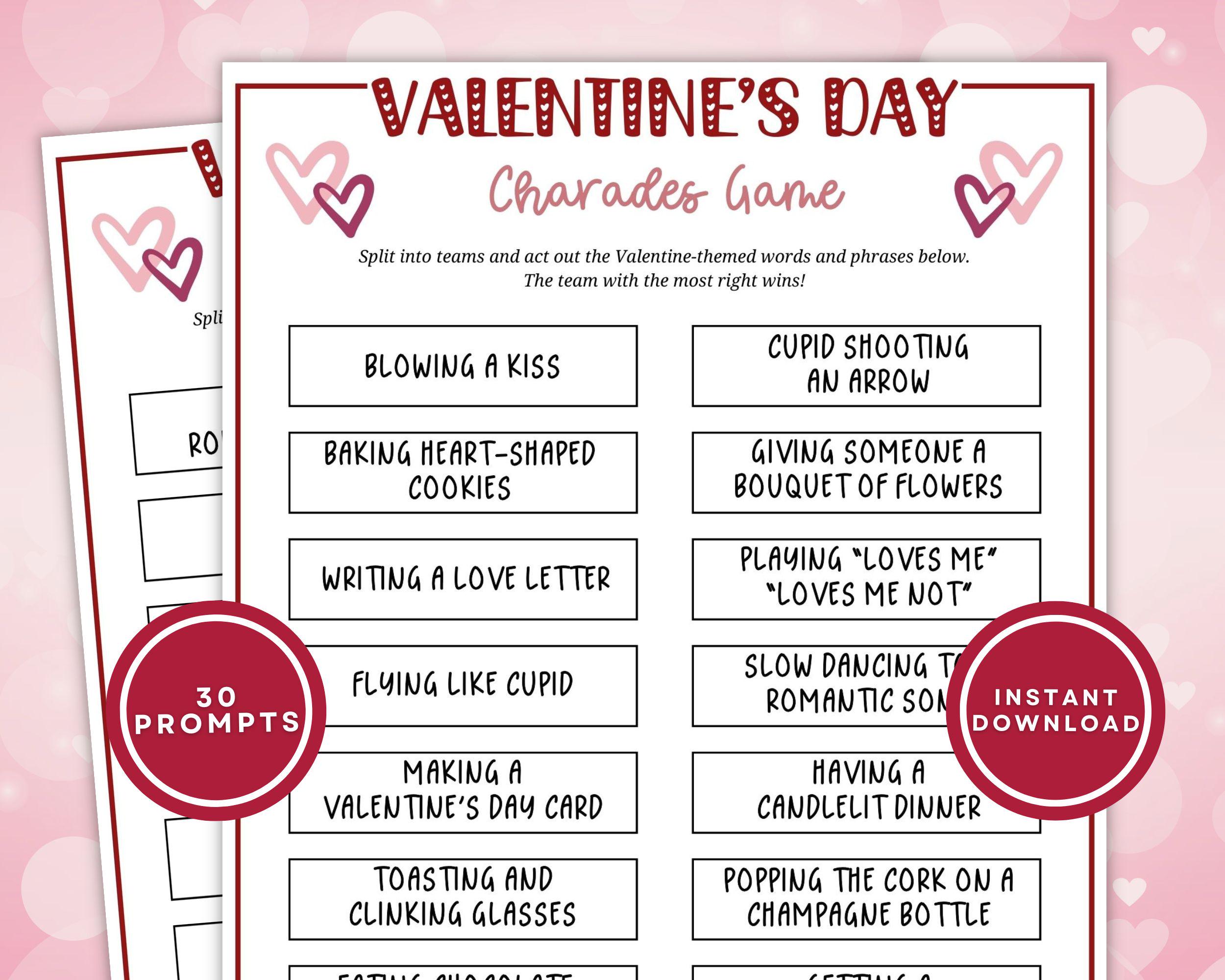 Valentine Charades Printable Game for Kids, 30 Prompts With Valentine ...