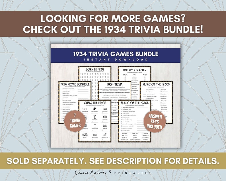 1934 Trivia With Answers, Printable 91st Birthday Game, 10 Fun Quiz ...
