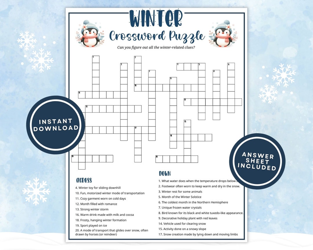 Printable Winter Crossword Puzzle for Kids and Adults, Fun Winter Word ...