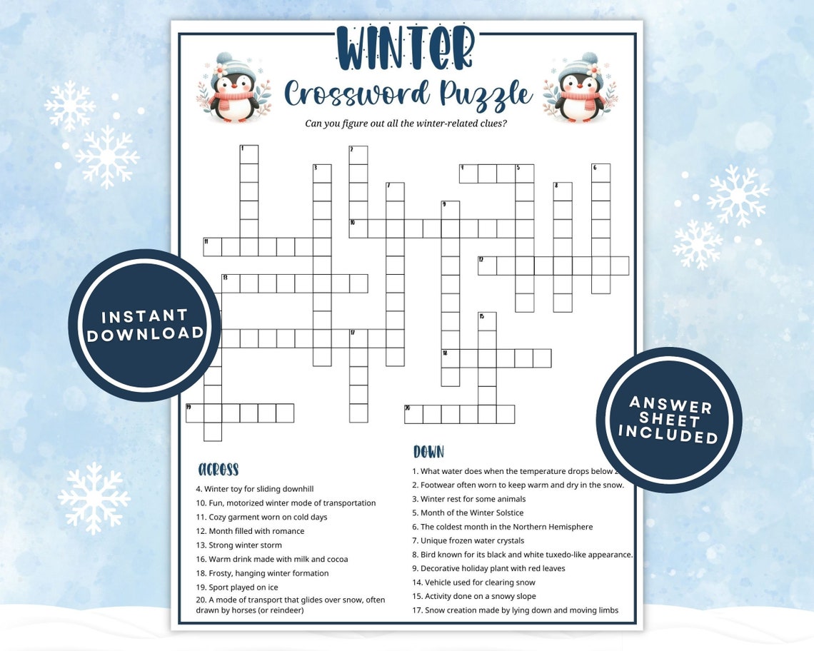 Printable Winter Crossword Puzzle for Kids and Adults, Fun Winter Word ...