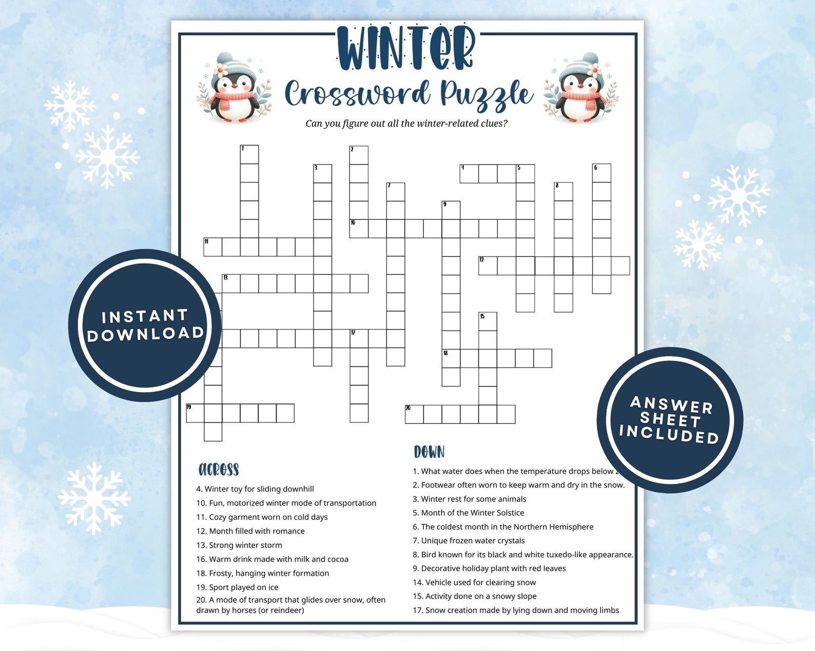 Printable Winter Crossword Puzzle for Kids and Adults, Fun Winter Word ...