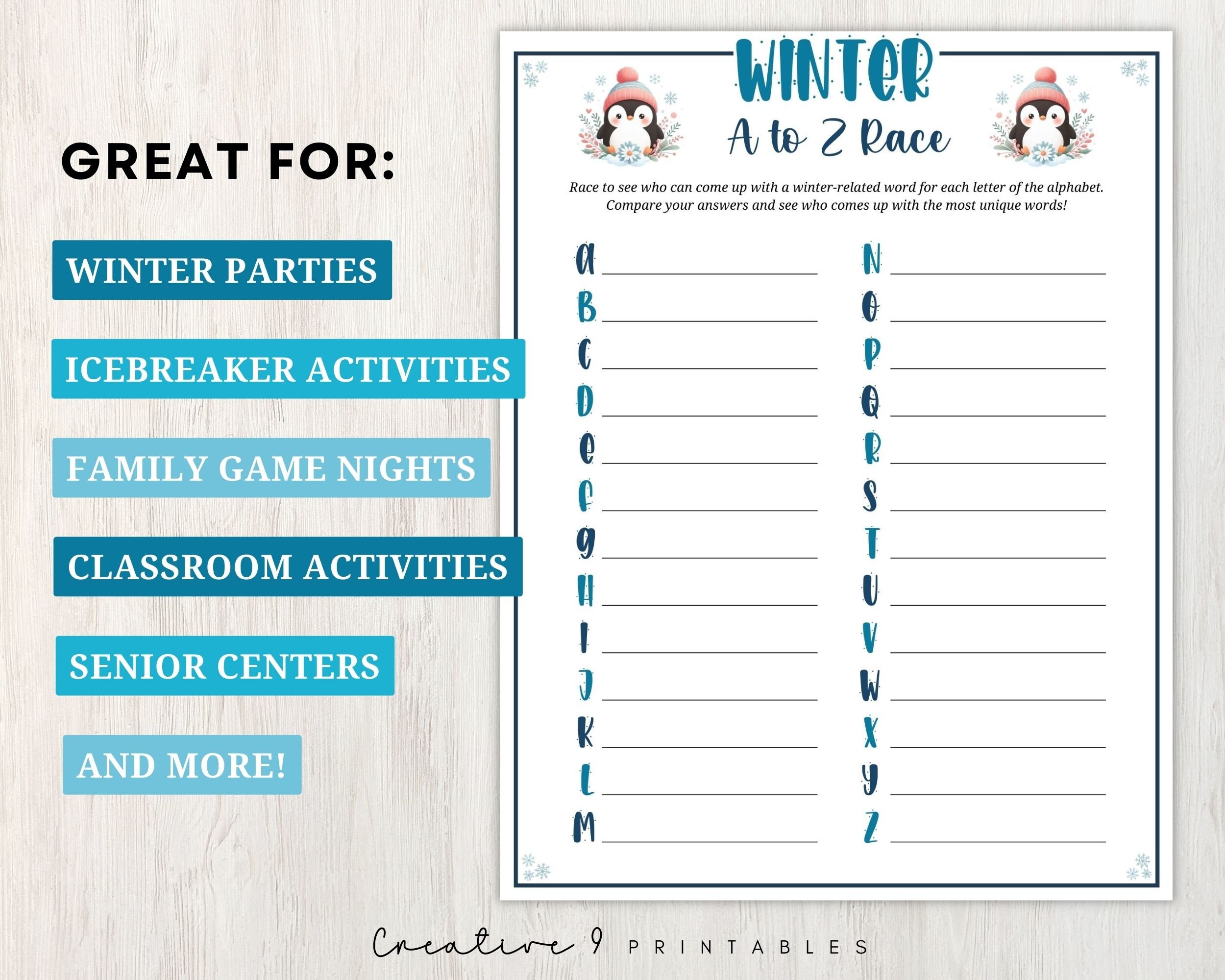 Printable Winter A to Z Game for Kids and Adults, Fun Winter A-Z Word ...