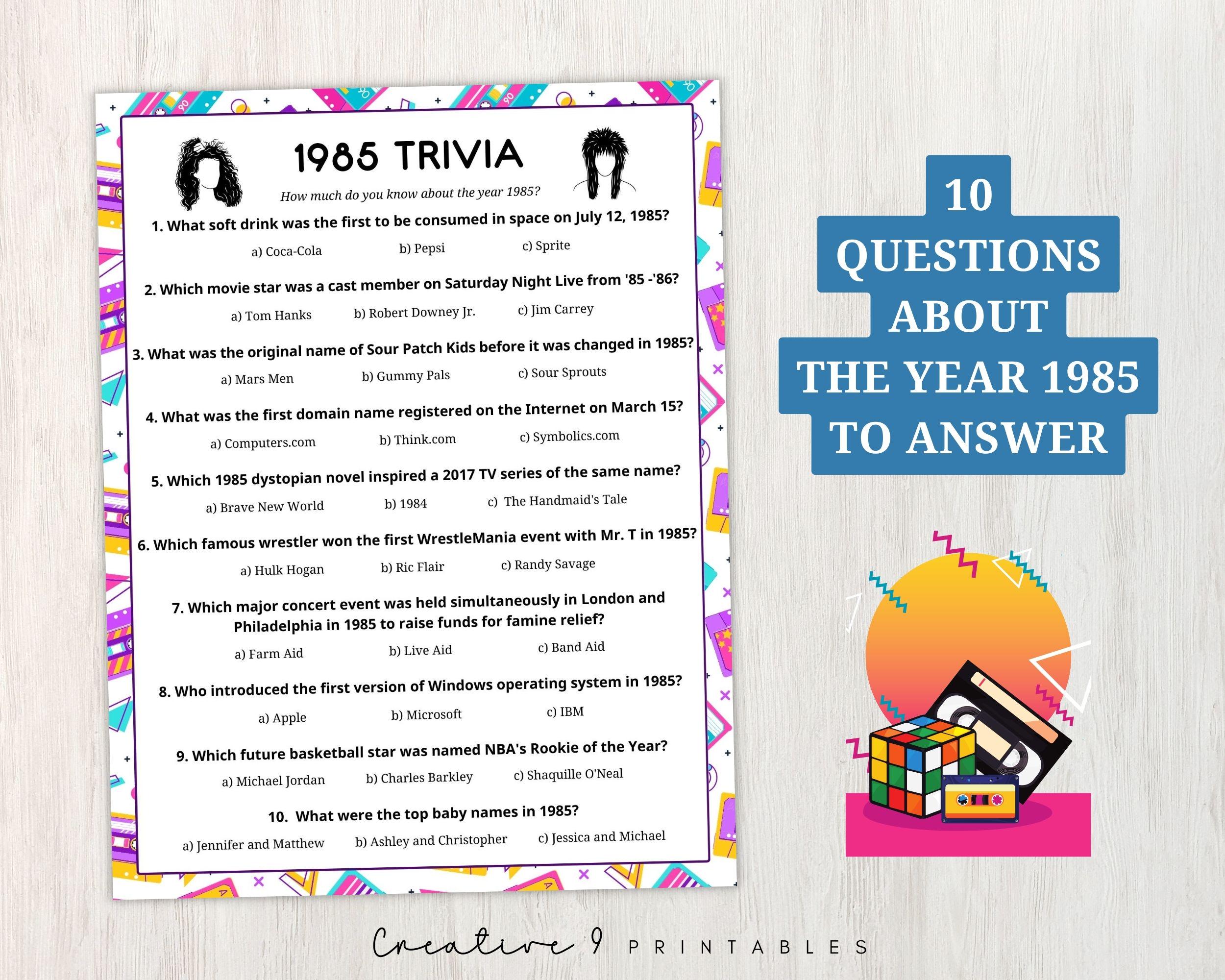 1985 Trivia Party Game - Printable for 40th Birthday, Reunion, or ...