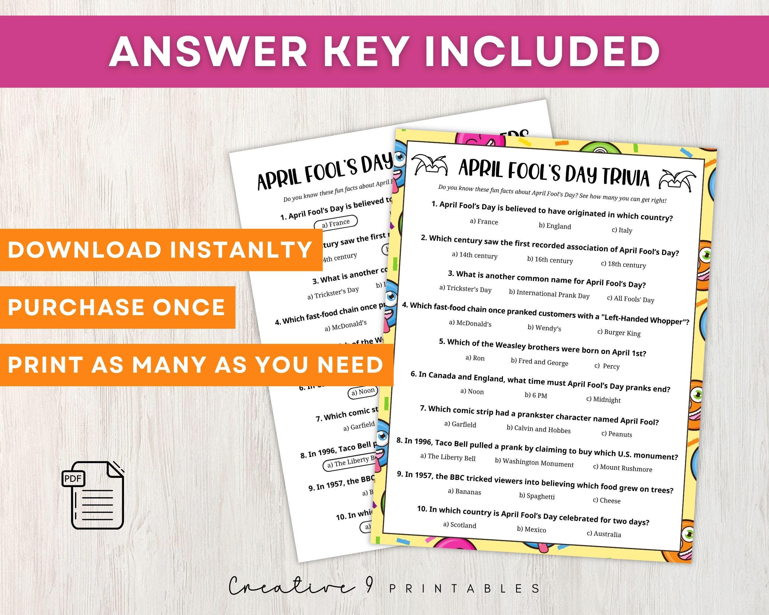 April Fool's Day Trivia Printable Game for Kids and Adults, 10 Trivia ...