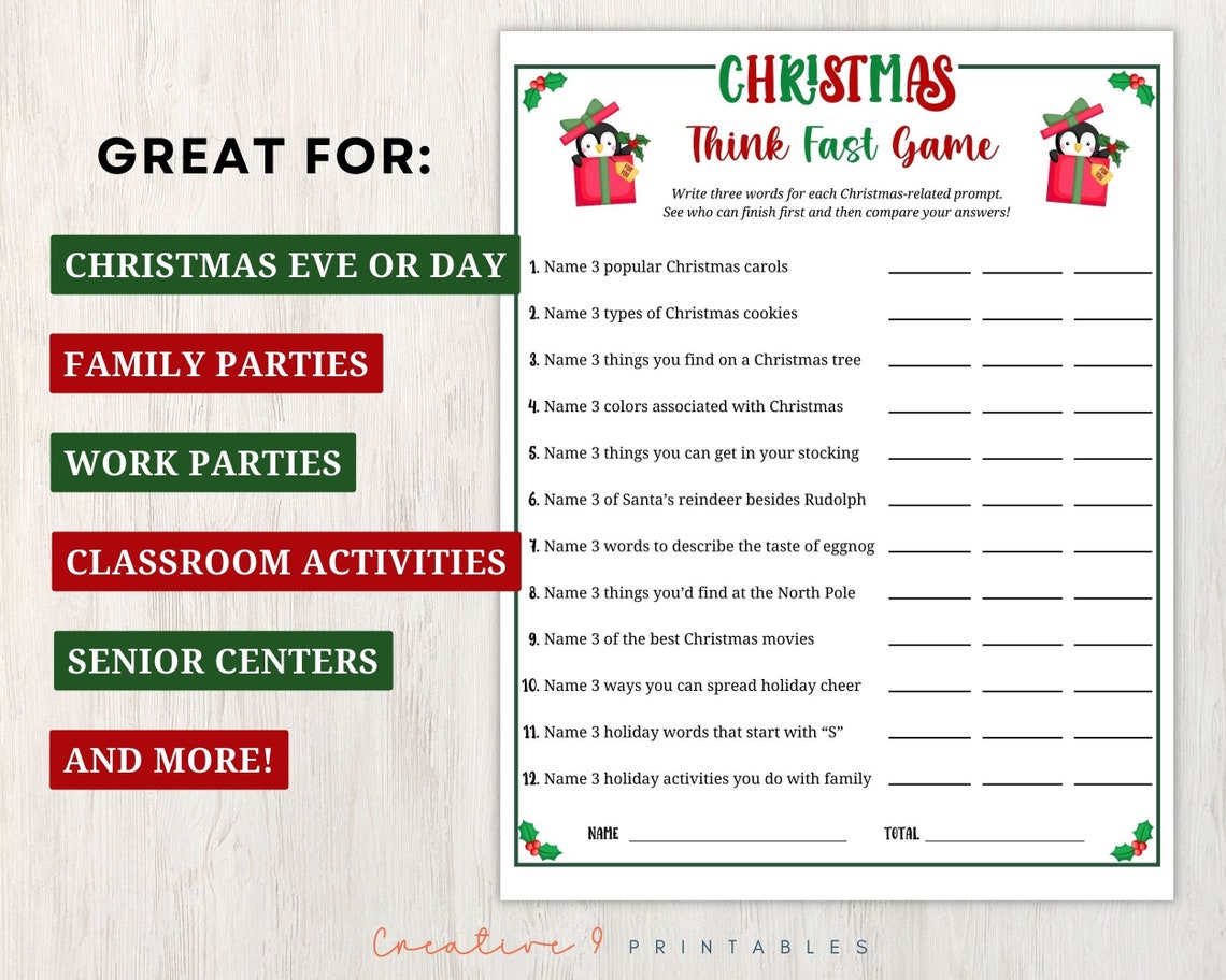 Printable Think Fast Christmas Game for Kids and Adults, Family ...