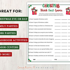 Printable Think Fast Christmas Game for Kids and Adults, Family ...