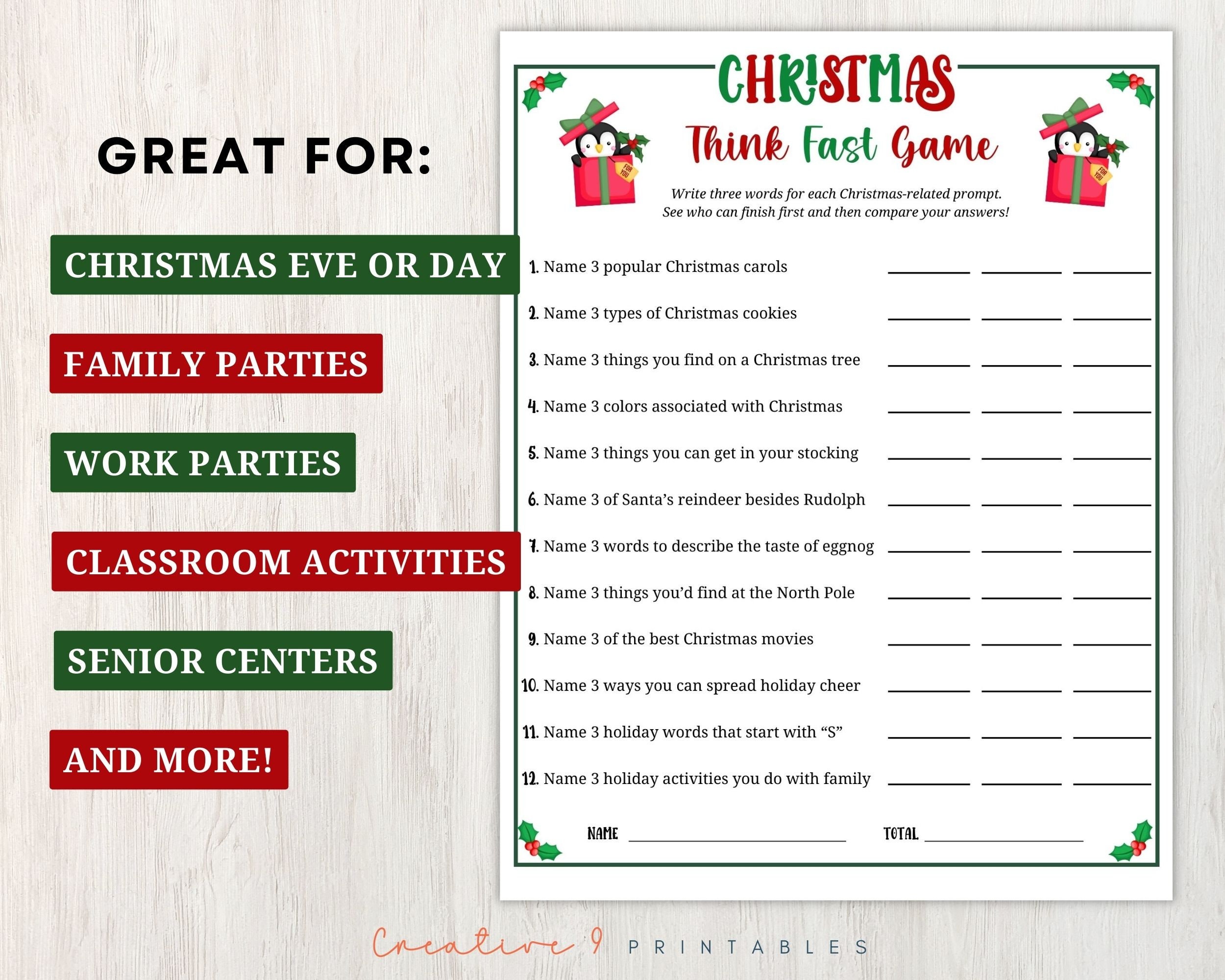 Printable Think Fast Christmas Game for Kids and Adults, Family ...
