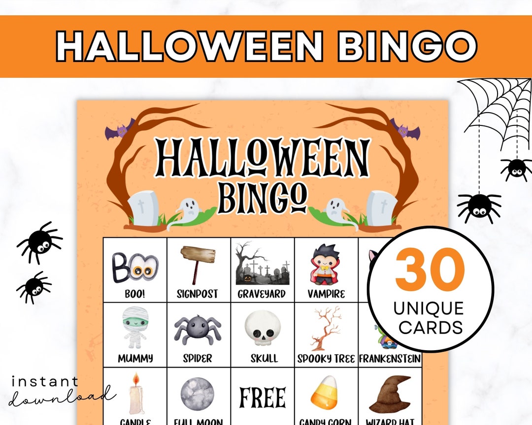 Halloween Bingo Party Game for Kids, 30 Printable Halloween Bingo Cards ...