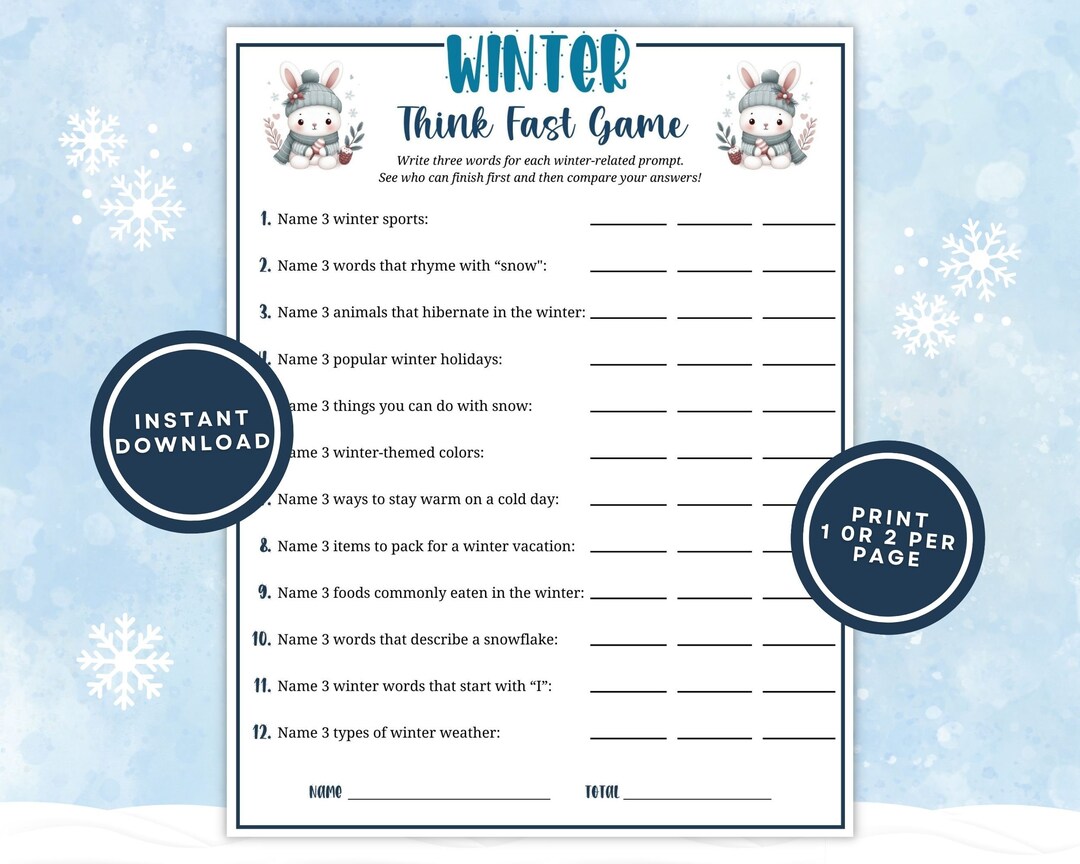 Printable Winter Think Fast Game for Kids and Adults, Think Fast ...