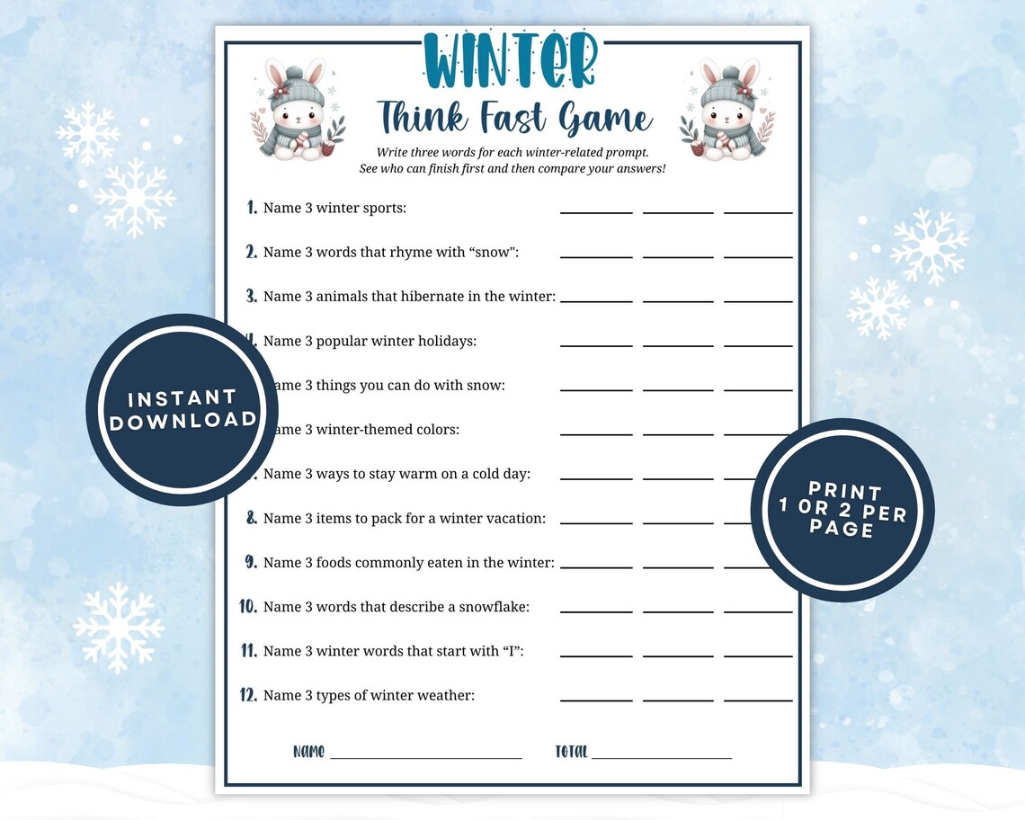 Printable Winter Think Fast Game for Kids and Adults, Think Fast ...