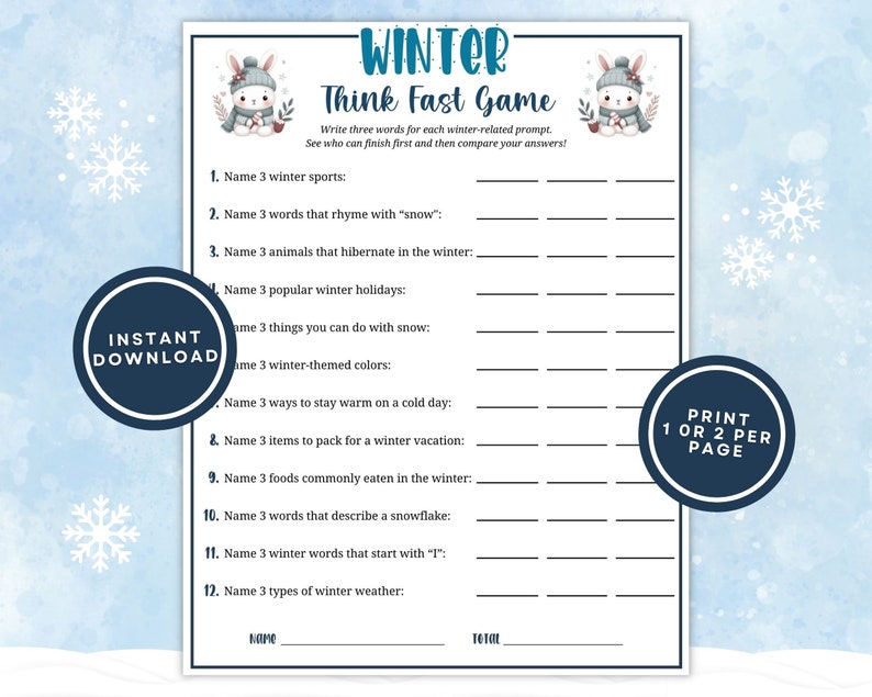 Printable Winter Think Fast Game for Kids and Adults, Think Fast ...