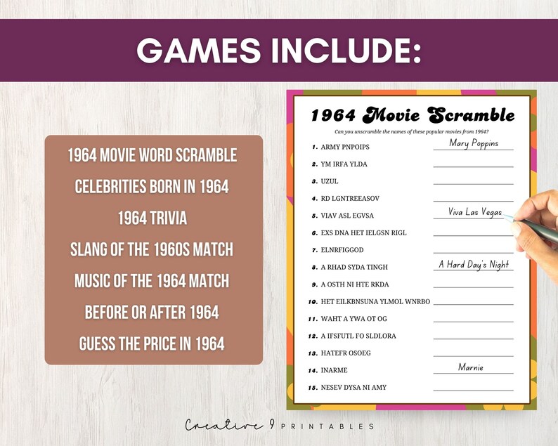 1964 Trivia Game Bundle for Adults, Seven Fun Printable 62nd Party ...