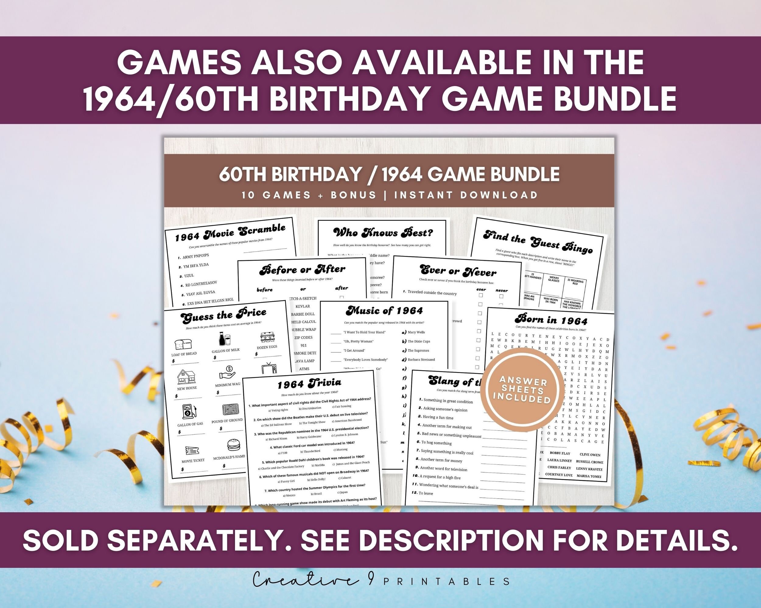 1964 Trivia Game Bundle for Adults, Seven Fun Printable 61st Party ...