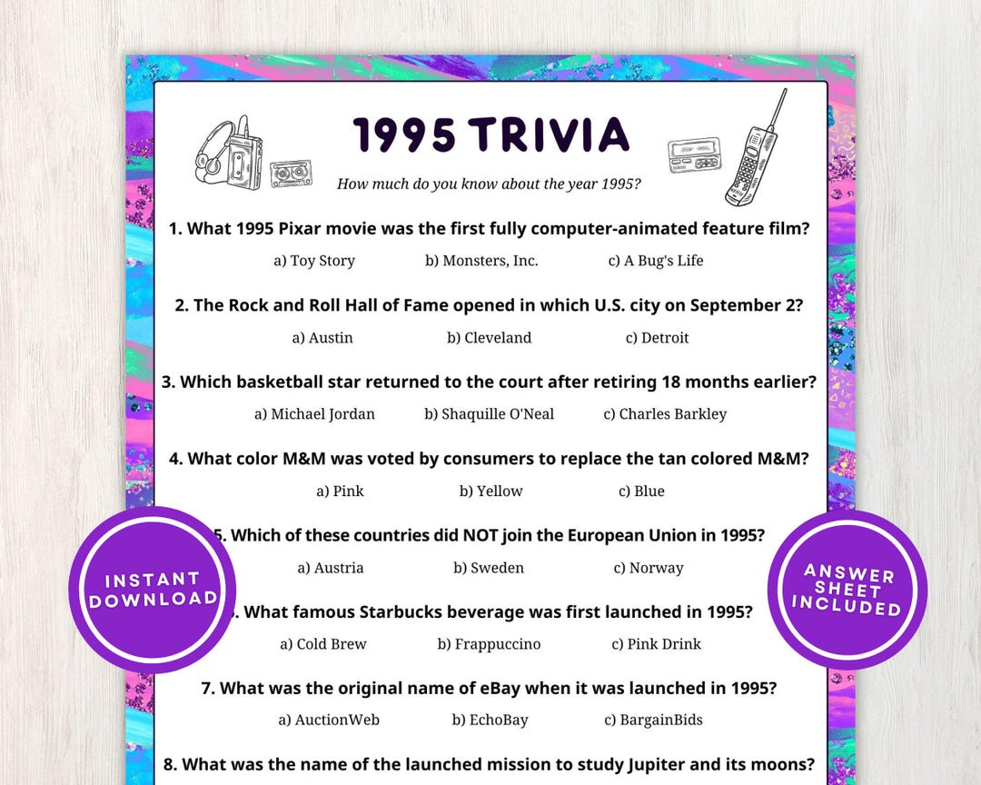 1995 Trivia With Answers, Printable 30th Birthday, Reunion, or ...