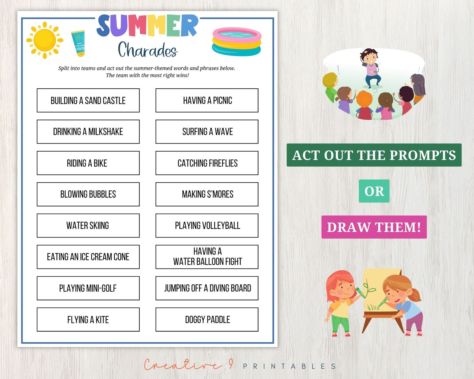 Summer Charades Printable Game for Kids and Teens, 30 Prompts With ...
