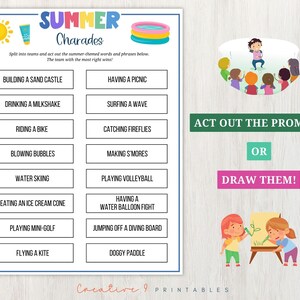 Summer Charades Printable Game for Kids and Teens, 30 Prompts With ...