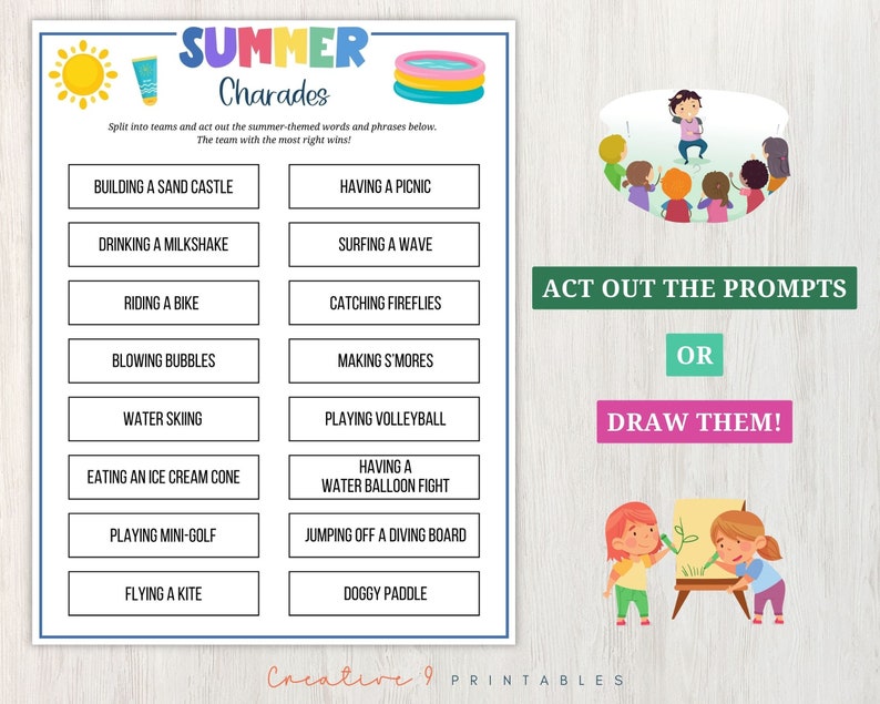 Summer Charades Printable Game for Kids and Teens, 30 Prompts With ...