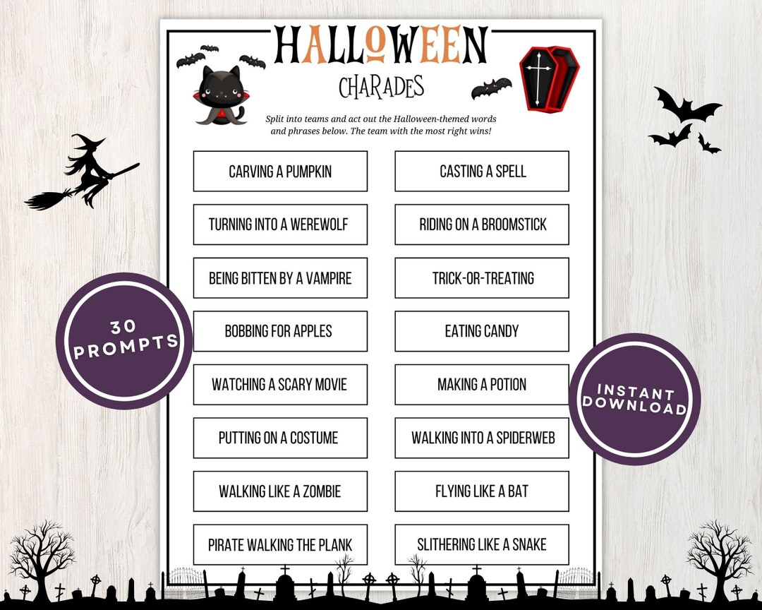 Halloween Charades Party Game for Kids, 30 Fun Printable Prompts With ...