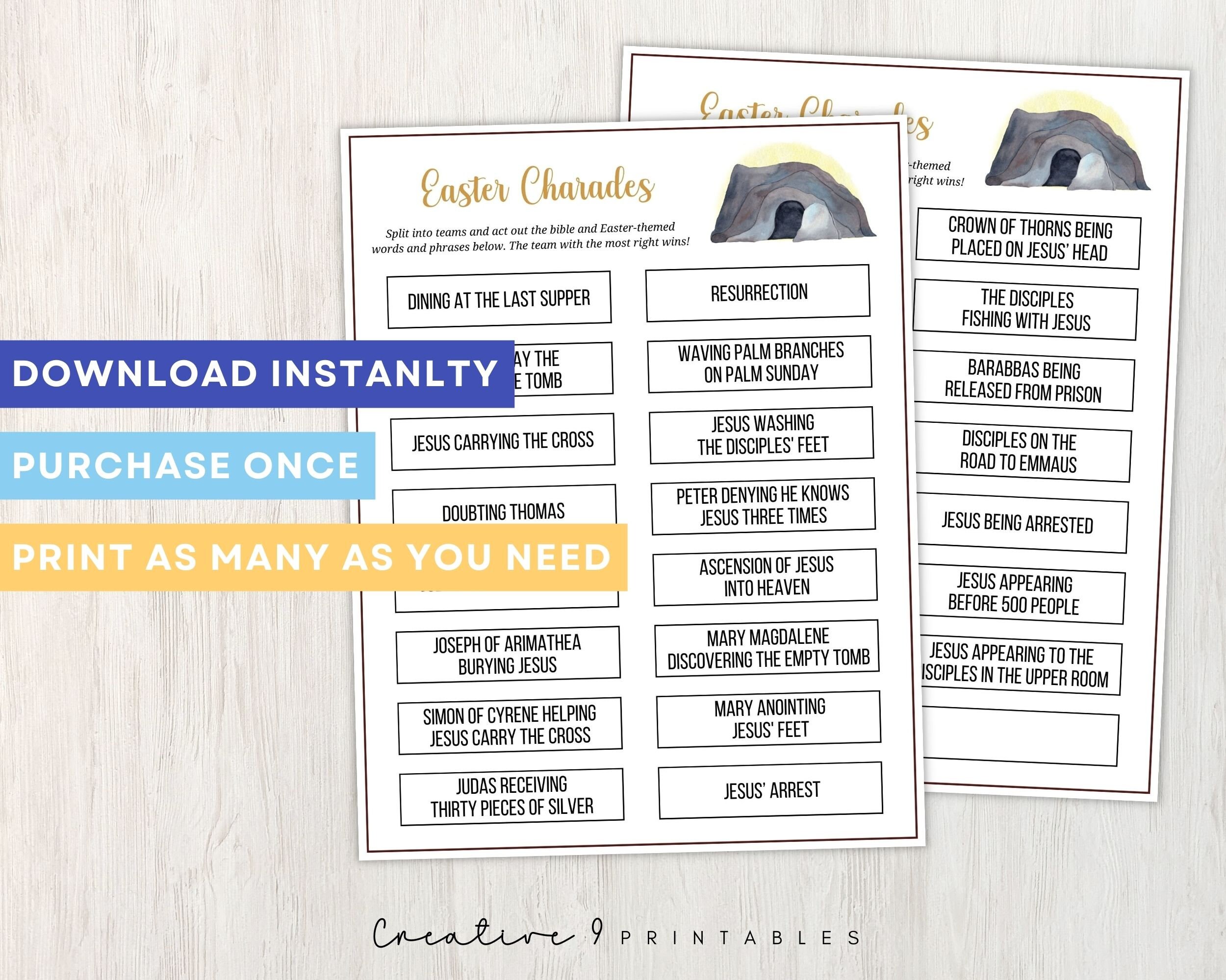 Christian Easter Charades Printable Game, 30 Prompts With Bible Action ...